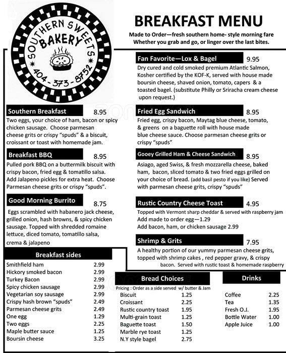 Menu at Southern Sweets Bakery, Decatur