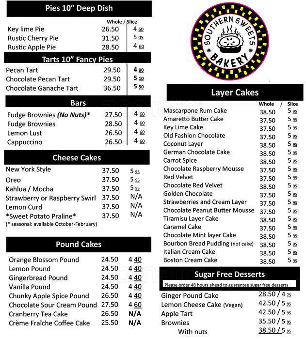 Menu at Southern Sweets Bakery, Decatur
