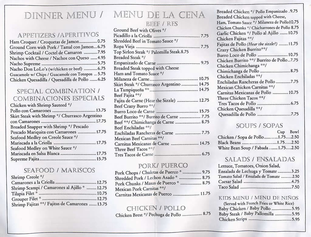 Menu at Don Lolo's restaurant, Hallandale Beach