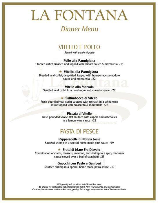 Menu at La Fontana Authentic Italian Restaurant, Charleston