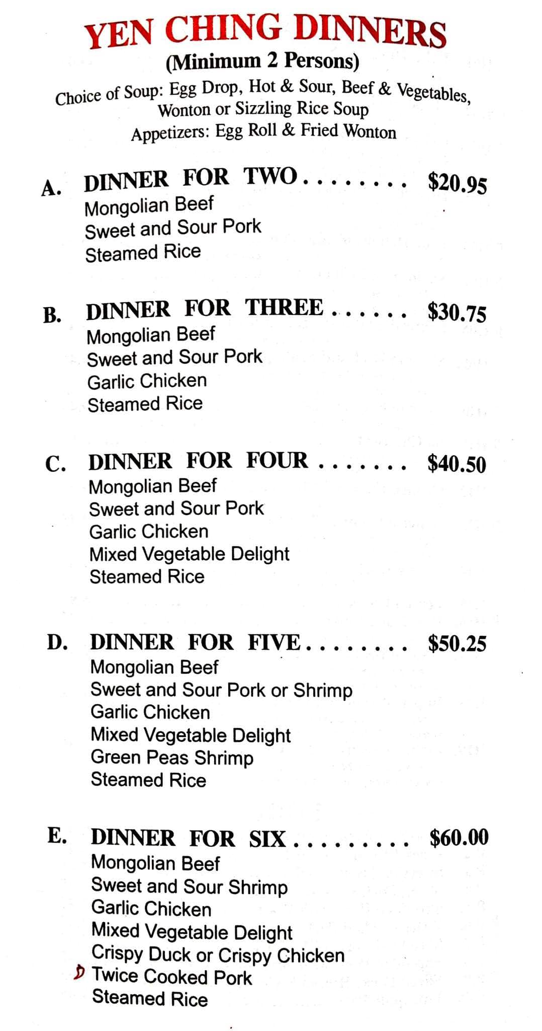Menu at Yen Ching restaurant, Peoria