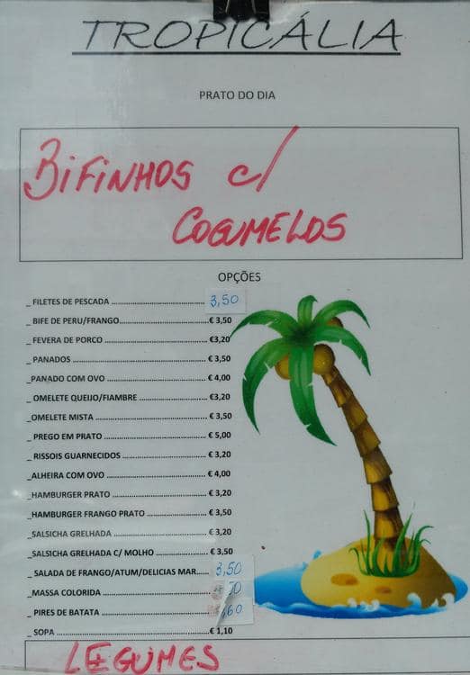 Menu em Tropicália restaurante, Porto