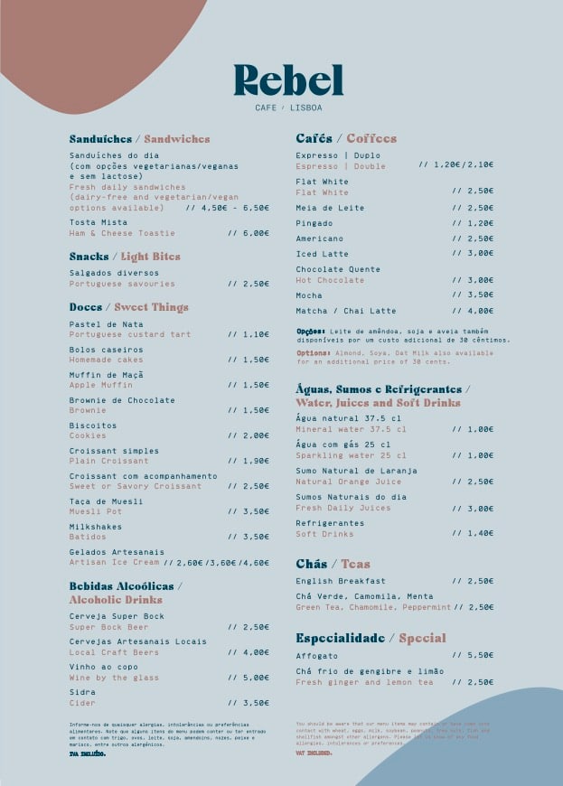 Menu at Rebel Café, Lisbon, R. de São Pedro de Alcântara 35