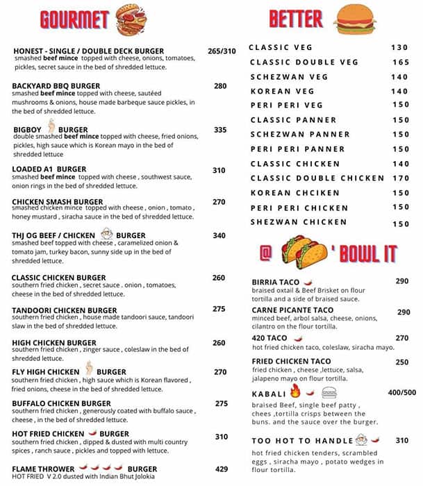 Menu of The High Joint, Navallur, Chennai