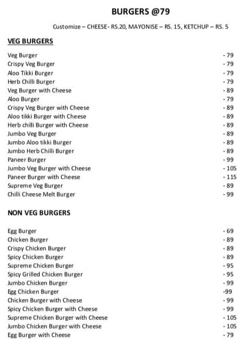 Menu of Burger Shop, Whitefield, Bangalore