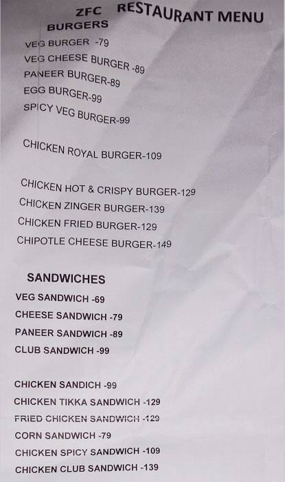 Menu of ZFC, Kondapur, Hyderabad