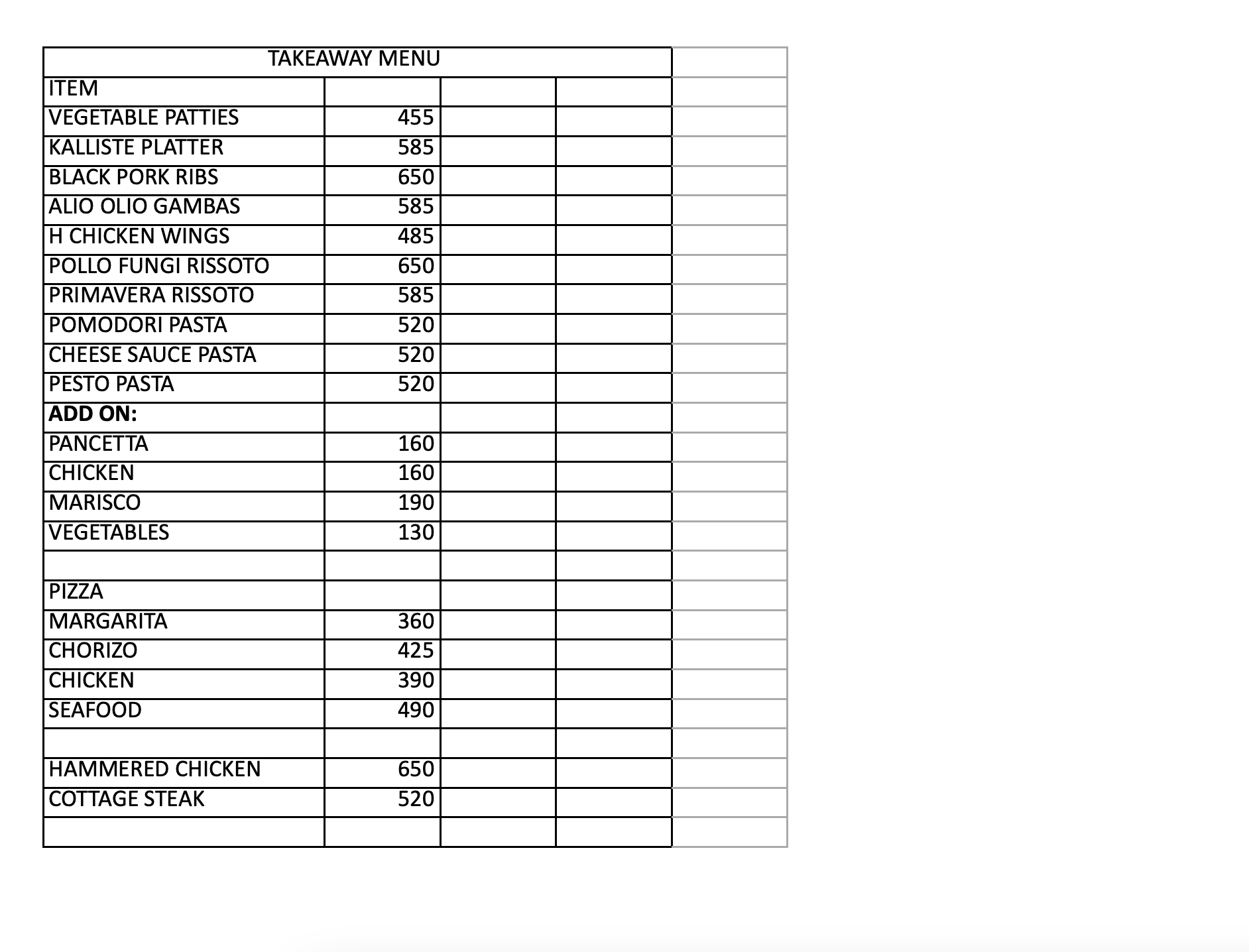 Menu of Kalliste, Colva, Goa