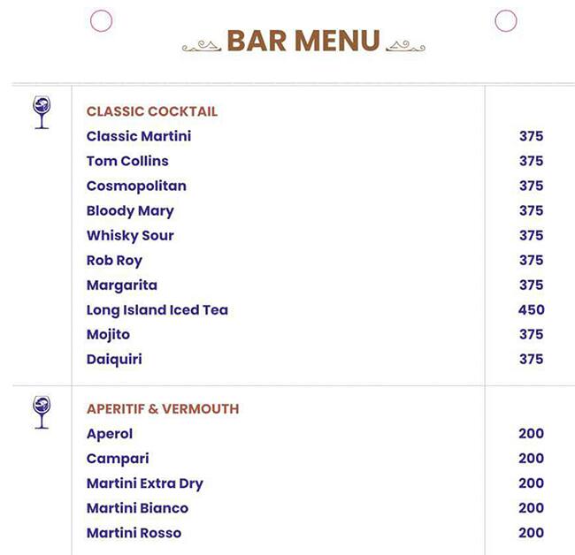 Menu of Kalliste, Colva, Goa