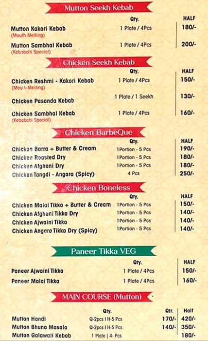 Menu of Kebabchi, Aliganj, Lucknow