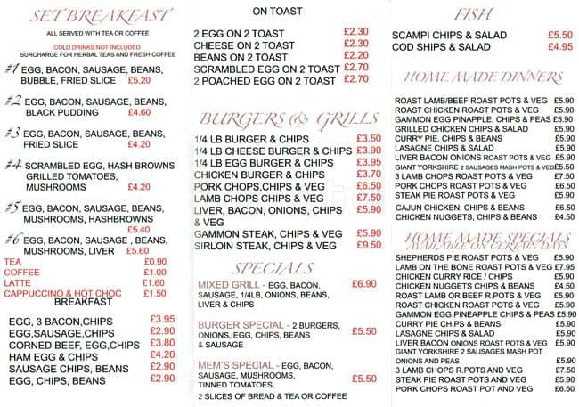 Menu at Mem’s Cafe, London, 39 Mottingham Rd