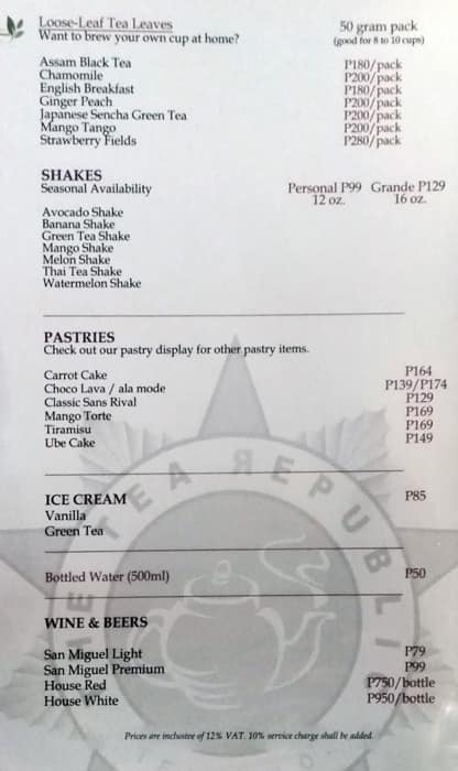 Menu at Tea Republic, Makati