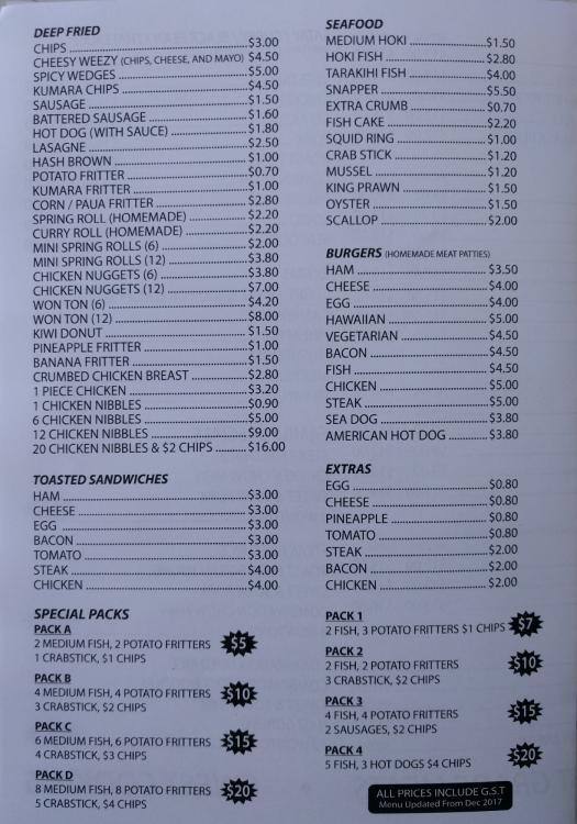 Menu at Jung Wah Chinese Takeaways fast food, Auckland