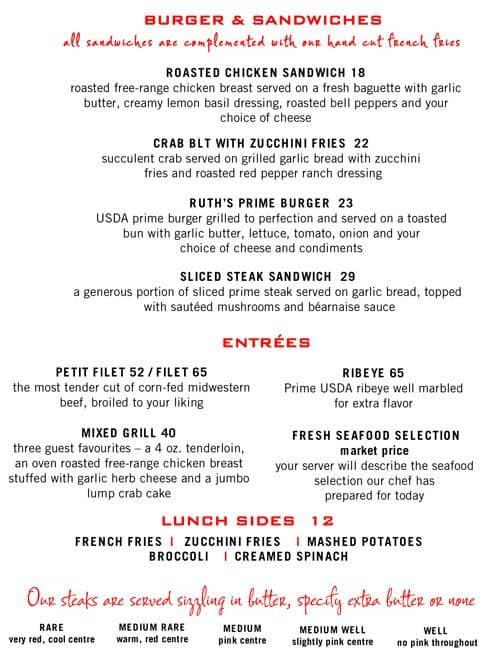 Menu au Ruth's Chris Steak House Toronto Airport restaurant à viande ...