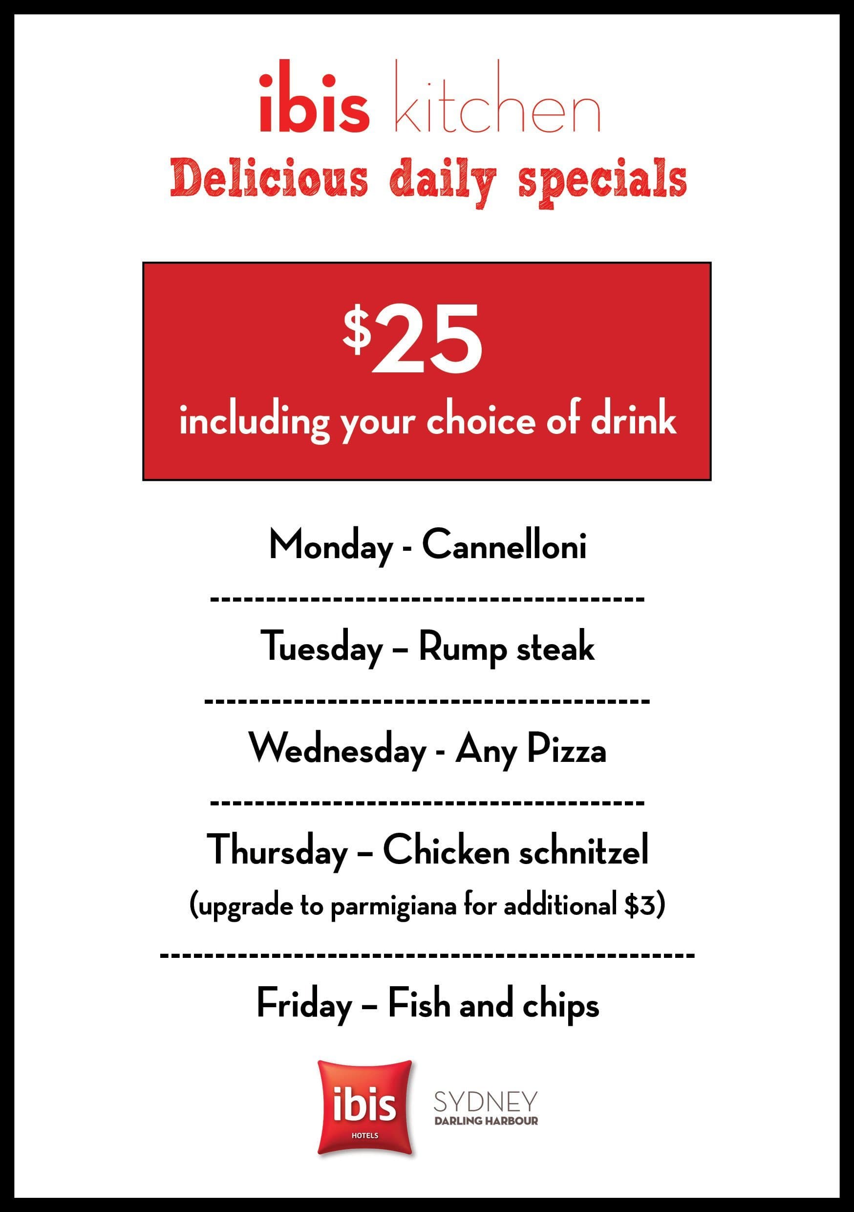 Menu at Ibis Kitchen restaurant, Pyrmont, Darling Harbour