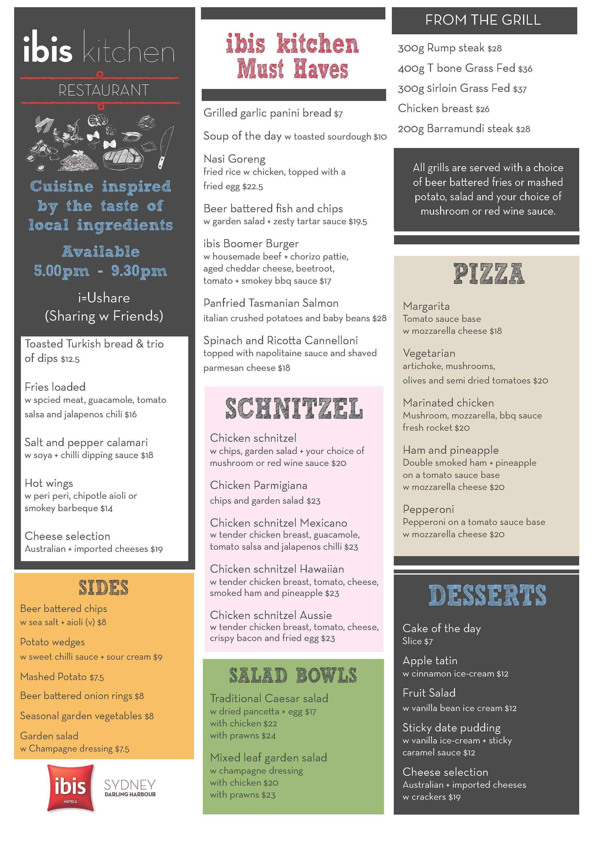Menu at Ibis Kitchen restaurant, Pyrmont, Darling Harbour