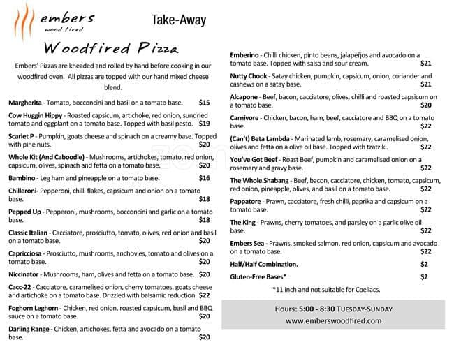 Menu at Embers restaurant, Gooseberry Hill