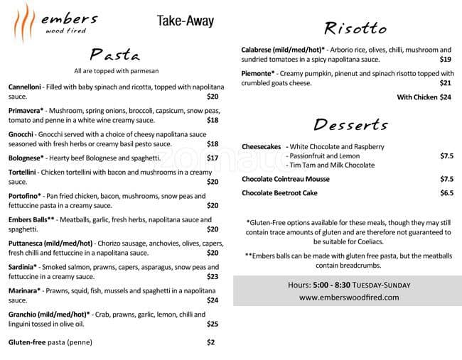 Menu at Embers restaurant, Gooseberry Hill