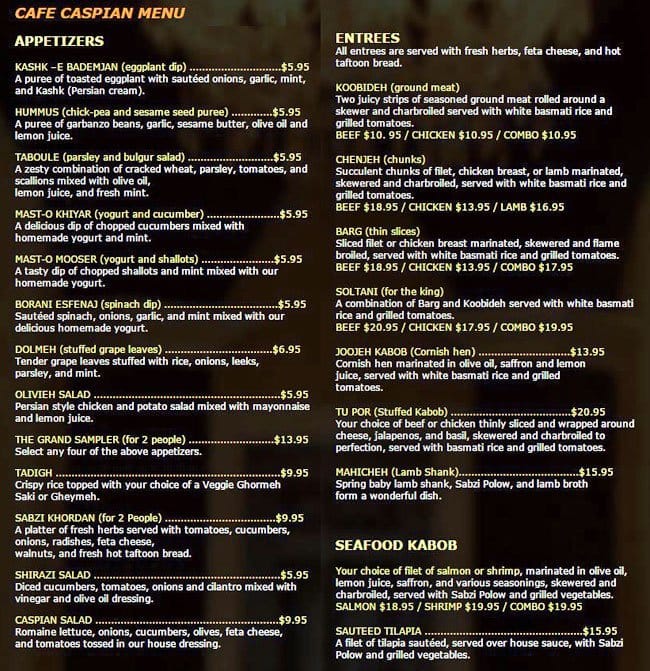 Carta de Cafe Caspian, Houston