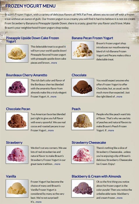 Menu at Braum's fast food, Haltom City, 5608 Denton Hwy