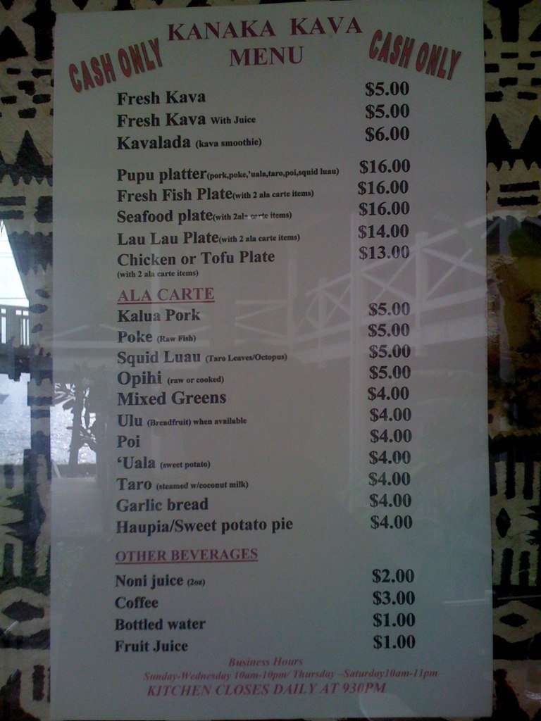 Menu at Kanaka Kava cafe, Kailua-Kona