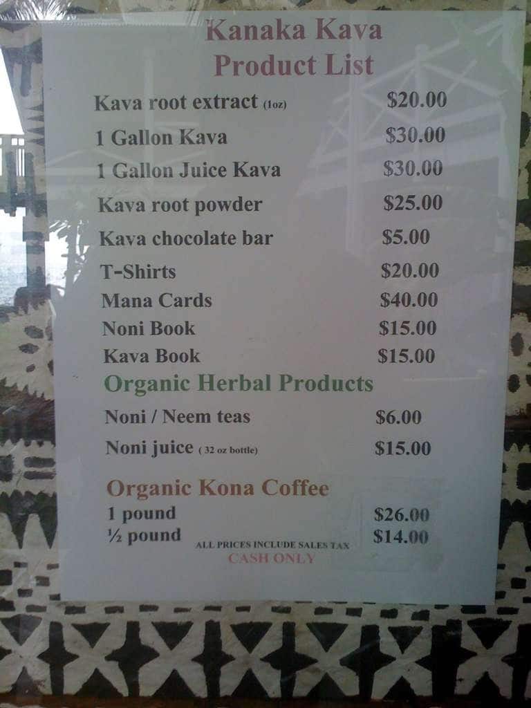 Menu at Kanaka Kava cafe, Kailua-Kona