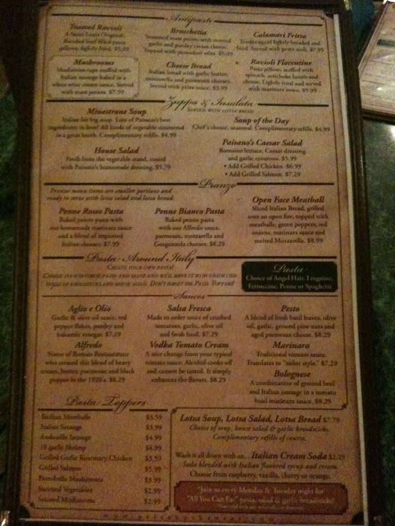 Menu at Paisano's Ristorante pizzeria, Topeka