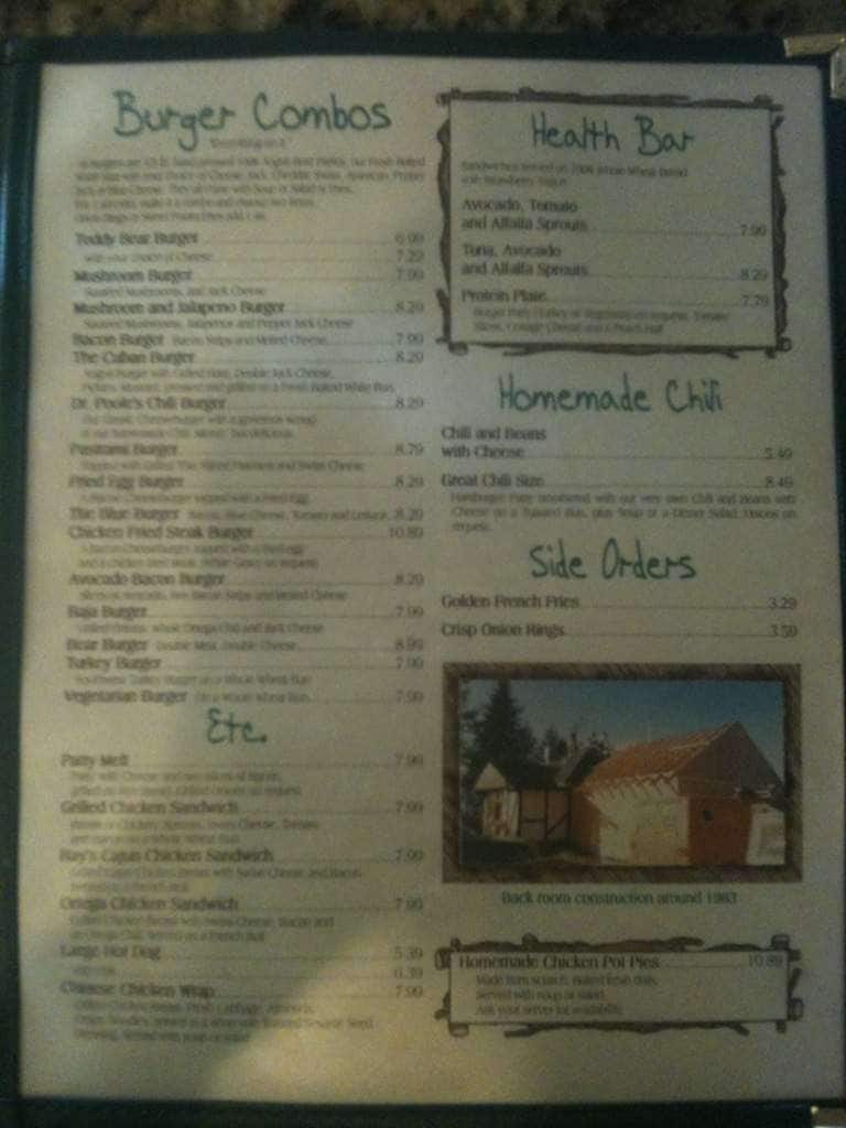 Menu at Teddy Bear Restaurant, Big Bear Lake