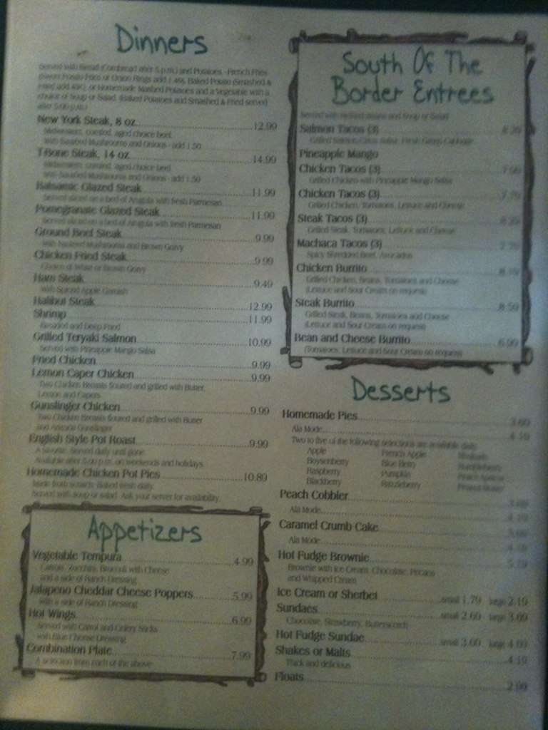 Menu at Teddy Bear Restaurant, Big Bear Lake