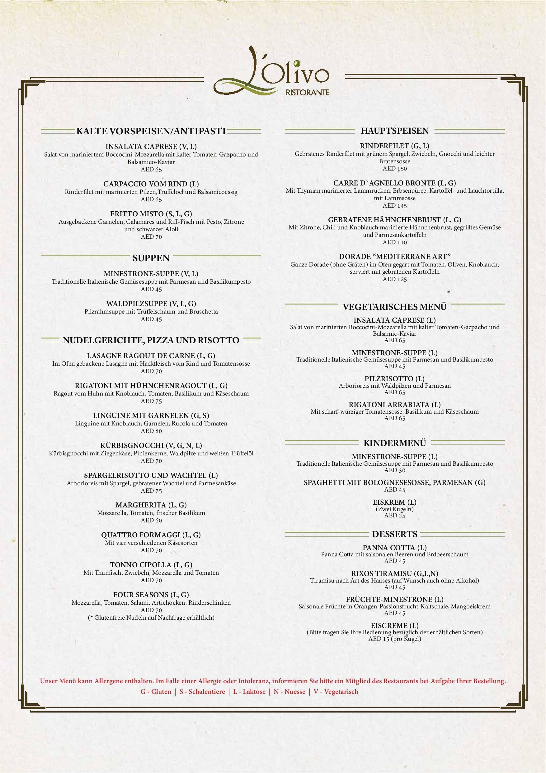 Menu at L'Olivo restaurant, Al Jazirah Al Hamra