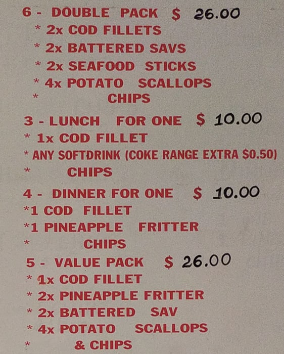 Menu at Zillmere Seafoods fast food, Brisbane Airport