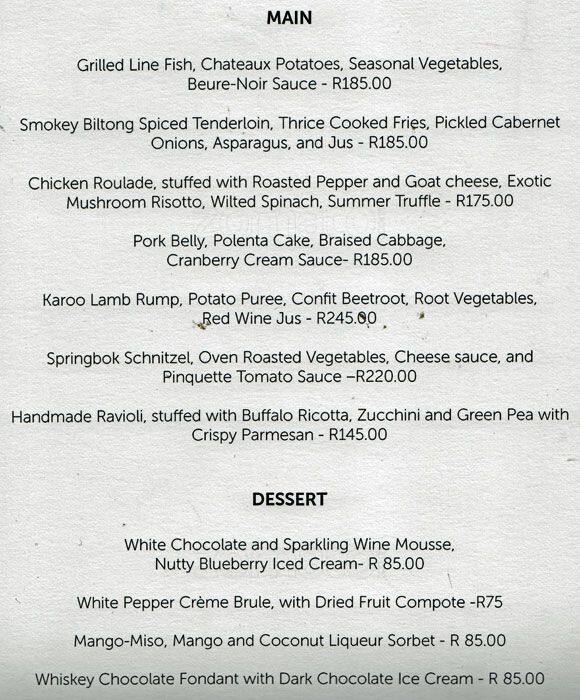 Menu at Plume restaurant, Sun City