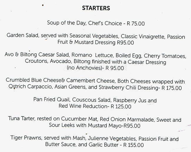 Menu at Plume restaurant, Sun City