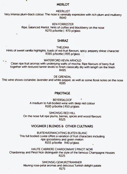 Menu at Plume restaurant, Sun City
