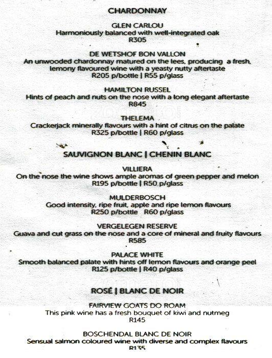 Menu at Plume restaurant, Sun City