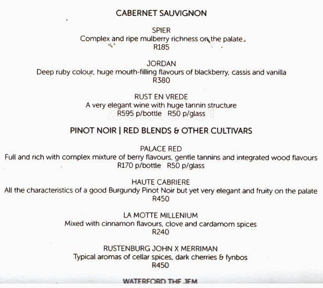 Menu at Plume restaurant, Sun City