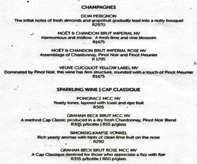 Menu at Plume restaurant, Sun City