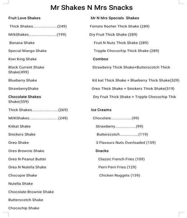 Menu of Mr Shakes N Mrs Snacks, Madhapur, Hyderabad