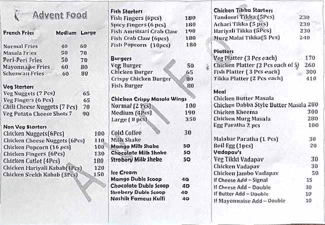 Menu of Advent Foods, Kalamboli, Navi Mumbai