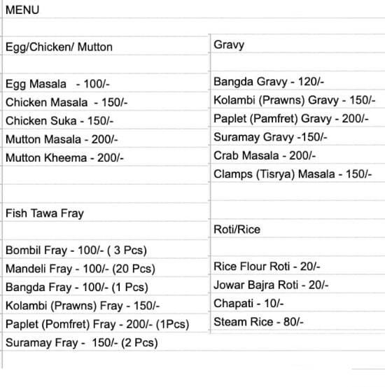 Menu of Masoli, Virar, Mumbai
