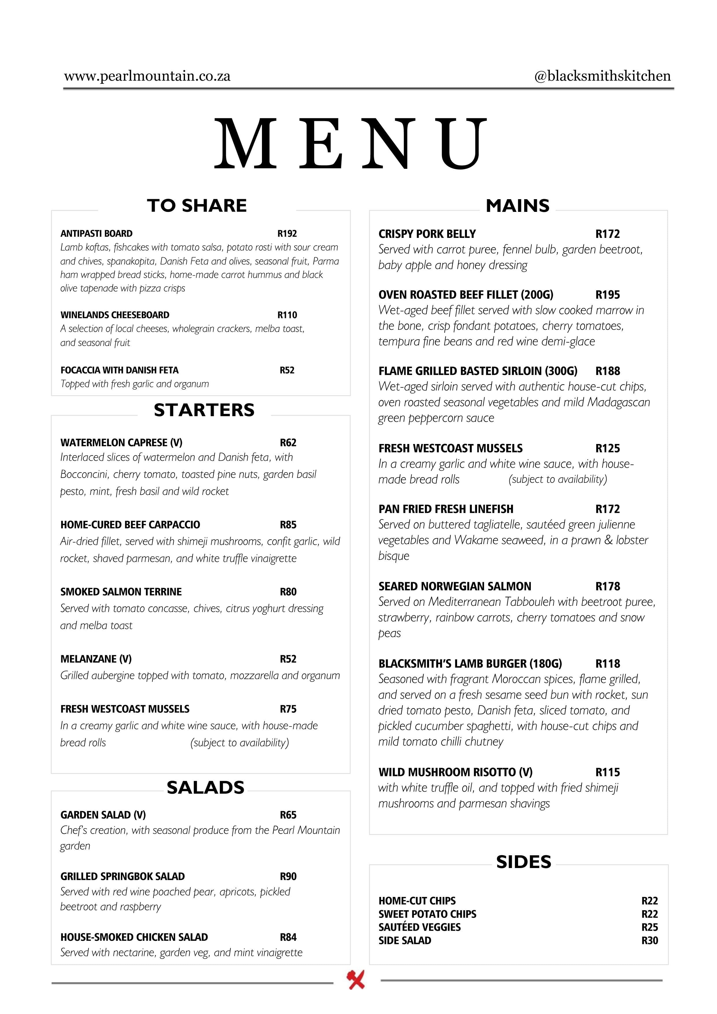 Menu at Blacksmith's Kitchen restaurant, Paarl