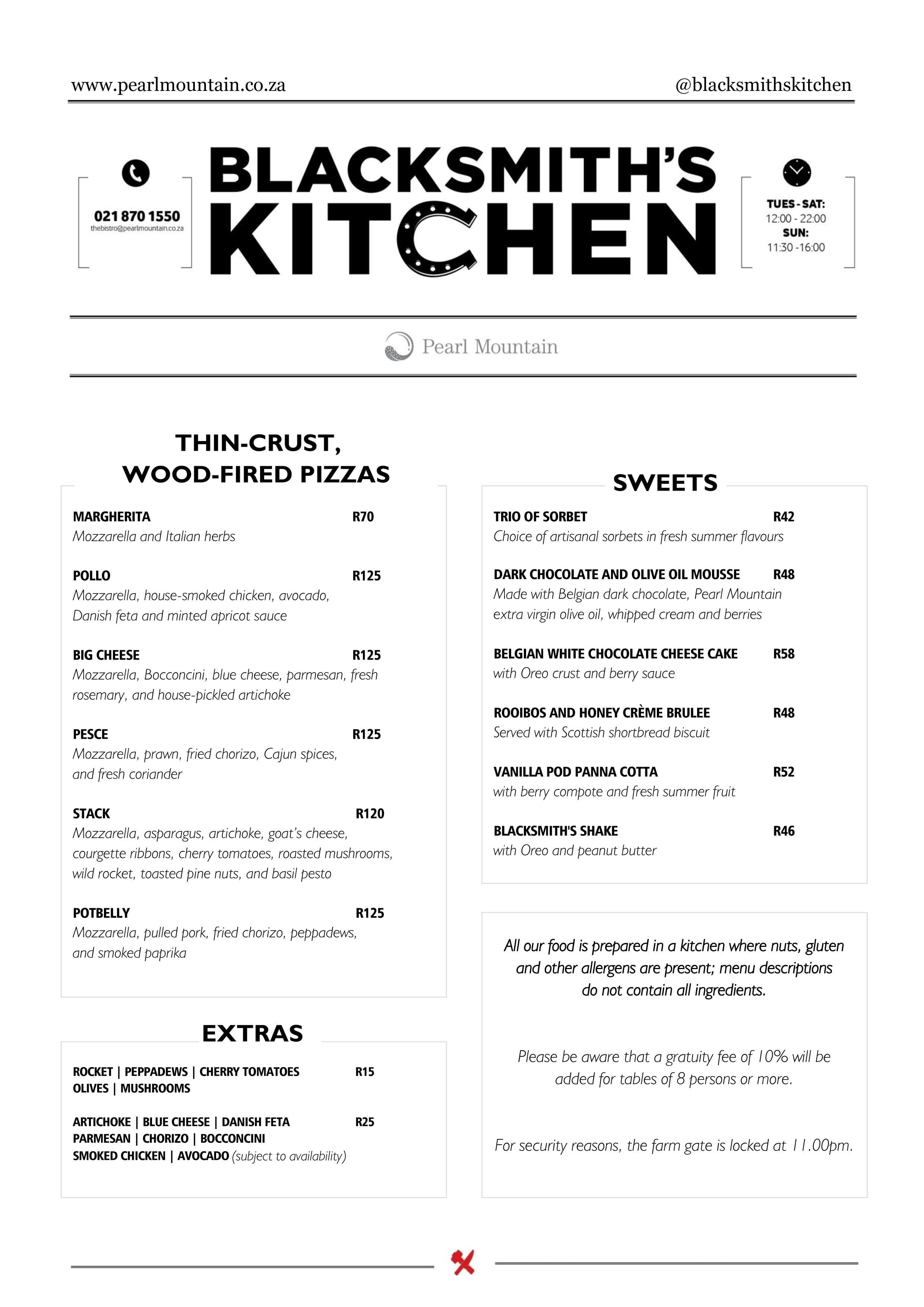 Menu at Blacksmith's Kitchen restaurant, Paarl