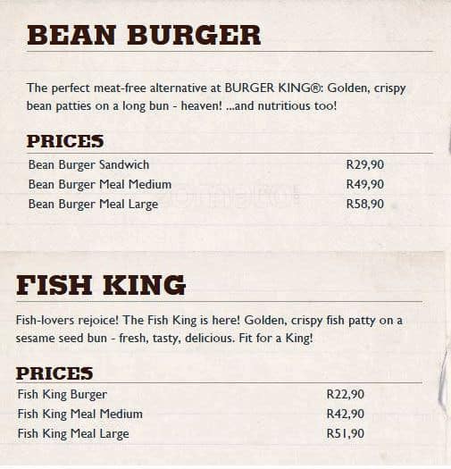 Menu at Burger King restaurant, Durban, Lighthouse Road
