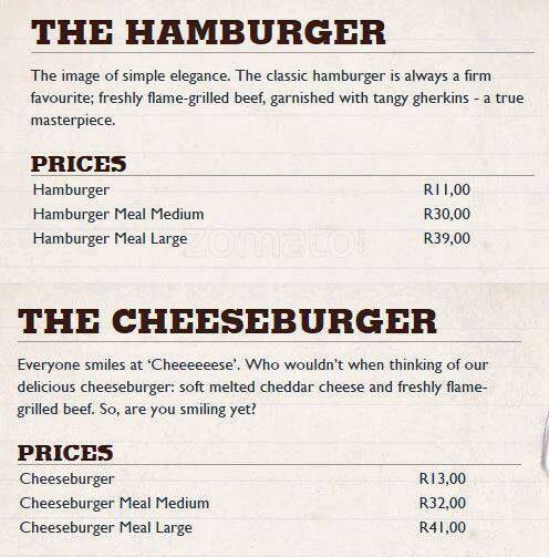 Menu at Burger King restaurant, Durban, Lighthouse Road