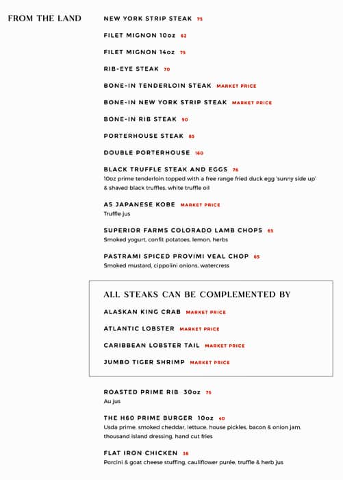 Menu at Harbour 60 Toronto steakhouse, Toronto