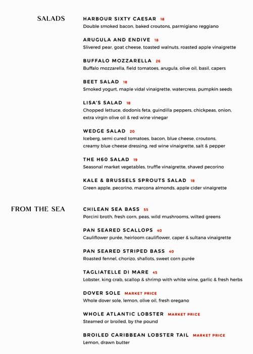 Menu at Harbour 60 Toronto steakhouse, Toronto