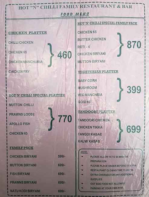 Menu at Hot 'N' Chill Family Restaurant, Hyderabad, FCV2+GM6