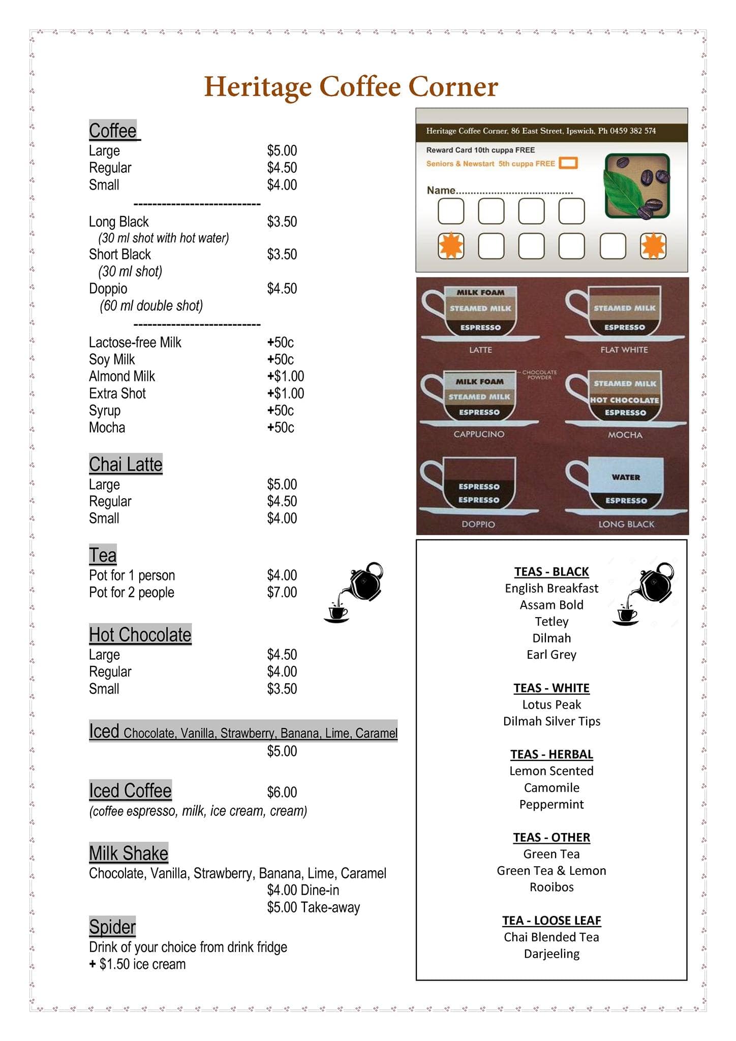 Menu at Heritage Coffee Corner cafe, Ipswich