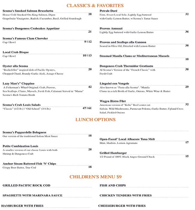 Menu at Scoma's restaurant, San Francisco