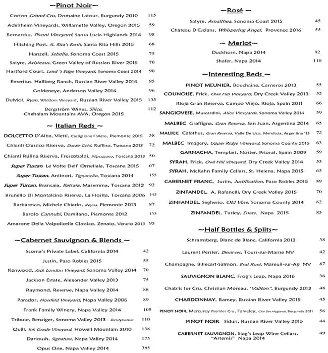 Menu at Scoma's restaurant, San Francisco