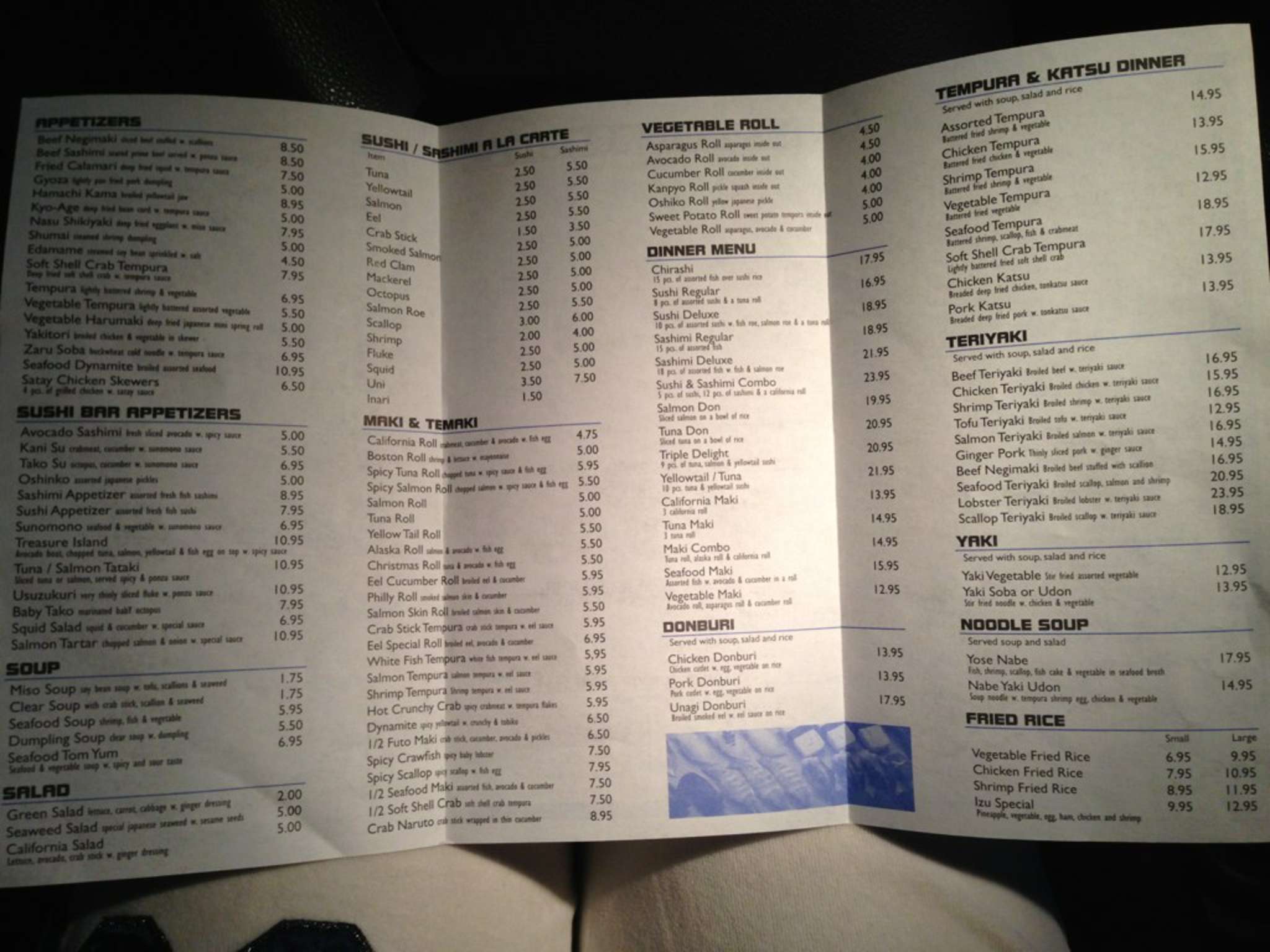 Menu at Izu Sushi restaurant, Long Branch